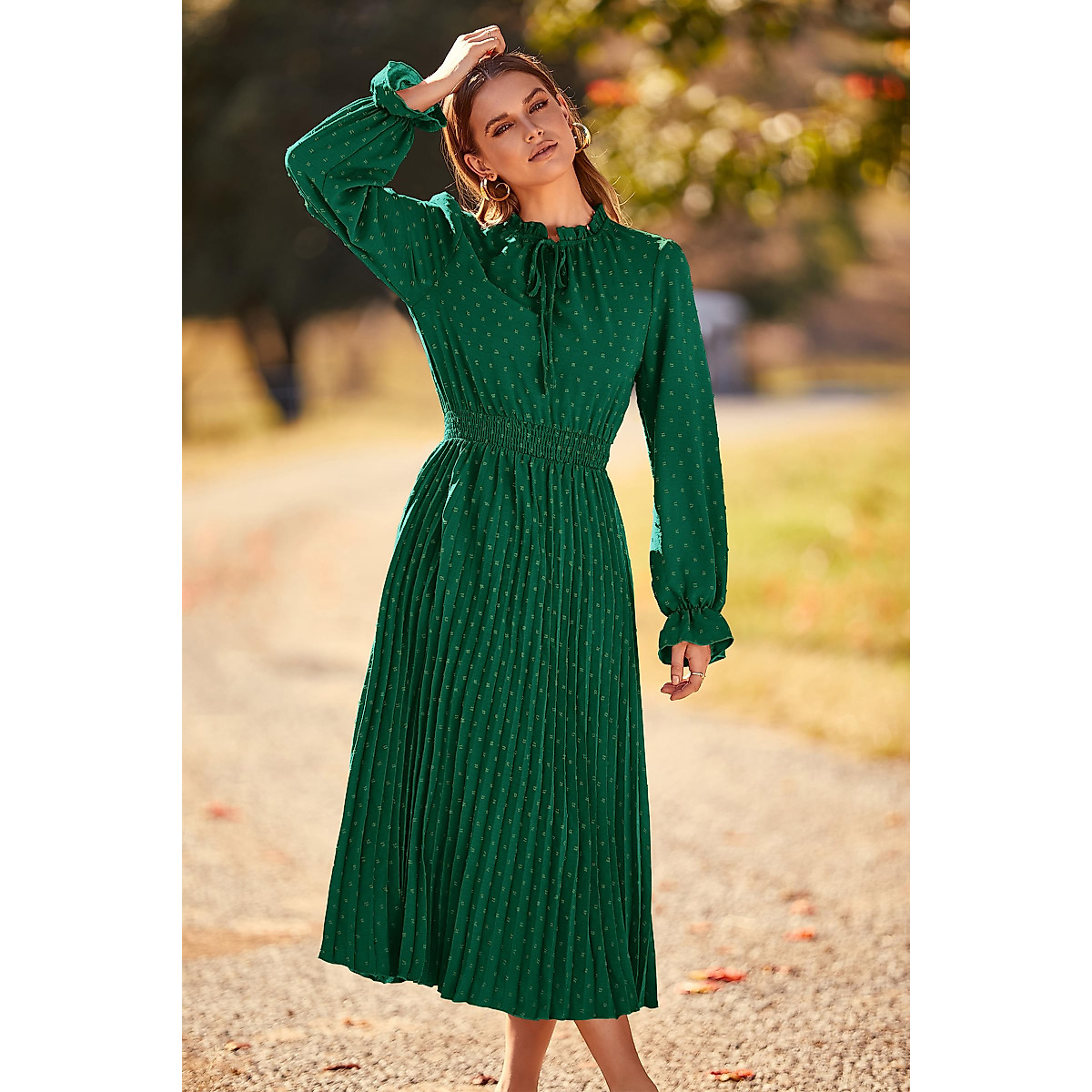 PRETTYGARDEN Women's 2024 Fall Midi Dress Casual Long Sleeve V Neck Swiss Dot Pleated A Line Flowy Dresses (Dark Green,Large)