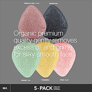 Minamul Konjac Exfoliating Organic Facial Sponge Set | Gentle Daily face Scrub/Skincare | Safe for Oily, Dry, Combination or Sensitive Skin | Charcoal, Turmeric, French Green, Red & Pink Clay