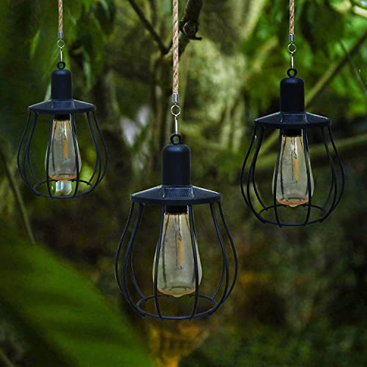 Hanging Solar Lights Outdoor - Hemp Rope Solar Powered Lantern Waterproof Retro Lanterns Lamps with Warm Light Edison Bulb for Patio,Yard,Garden and Pathway Decoration(Semicircle), Warm White