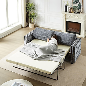 SmartEdge Pull Out Sofa Bed, 2-in-1 Convertible Full Sleeper Sofa Couch with Memory Foam Mattress, Chenille Upholstered Loveseat 3 Seater Full Sofabed Couches for Living Room, Apartment, Grey