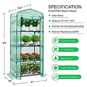 VIVOSUN Mini 4-Tier Greenhouse, 27 x 19 x 63-Inch Reusable Portable Warm House with Green PE Cover and Shelf for Compact Garden and Small Backyards