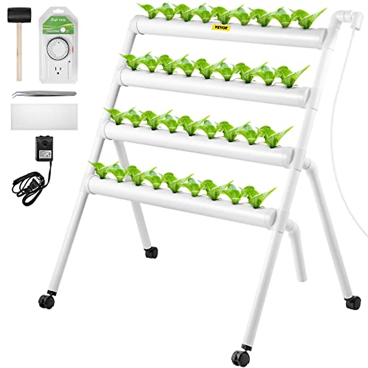VEVOR Hydroponics Growing System, 36 Sites 4 Food-Grade PVC-U Pipes, 4 Layers Indoor Planting Kit with Water Pump, Timer, Nest Basket, Sponge for Fruits, Vegetables, Herb, White
