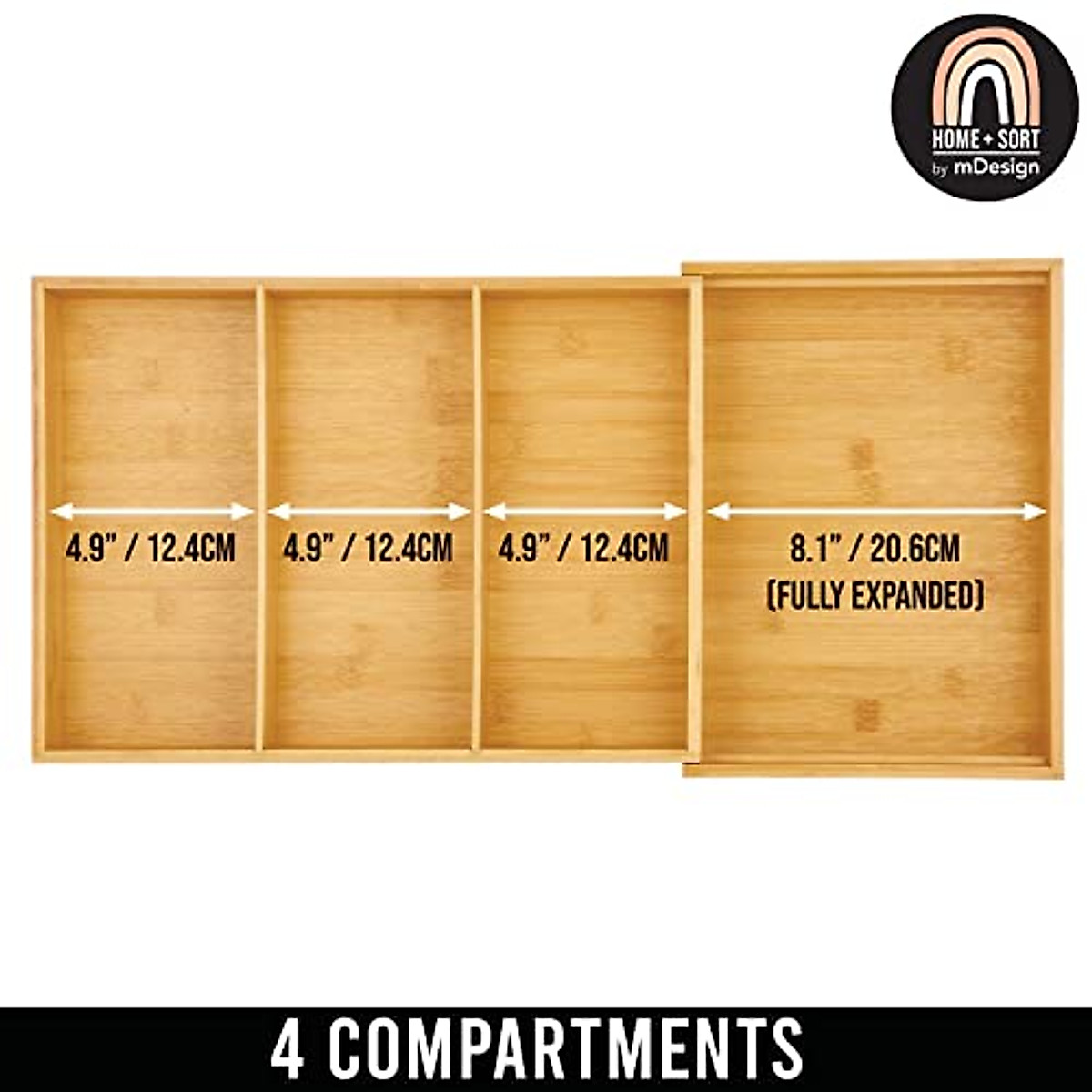 mDesign Bamboo Wood Expandable Deep Kitchen Drawer Organizer Tray Bin for Kitchen; Organize Drawers, Counters, Shelves; Holds Plasticware, Lids, Towels, Utensils; Home Sort Collection - Natural