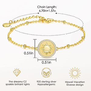 CDE Sun Bracelets for Women 925 Sterling Silver Adjustable 14K Gold Plated Charm Link Bracelet, Birthday Anniversary Christmas Jewelry Gifts for Women Wife Girlfriend Her Daughter