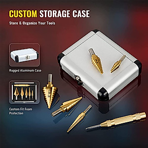 Step Drill Bit Set, 5 Pcs Titanium Coated High Speed Steel Step Drill Bits with 1 Pc Automatic Center Punch for Drilling Sheet Metal, DIY Project