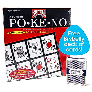 Bicycle Po-Ke-No (Pokeno) Card Game Set | 12 Player Cards, Playing Board, Chips 200 Po-Ke-No, 2 Bicycle Decks of Playing Cards Red and Blue, with an Extra Deck of Brybelly Playing Cards, Red