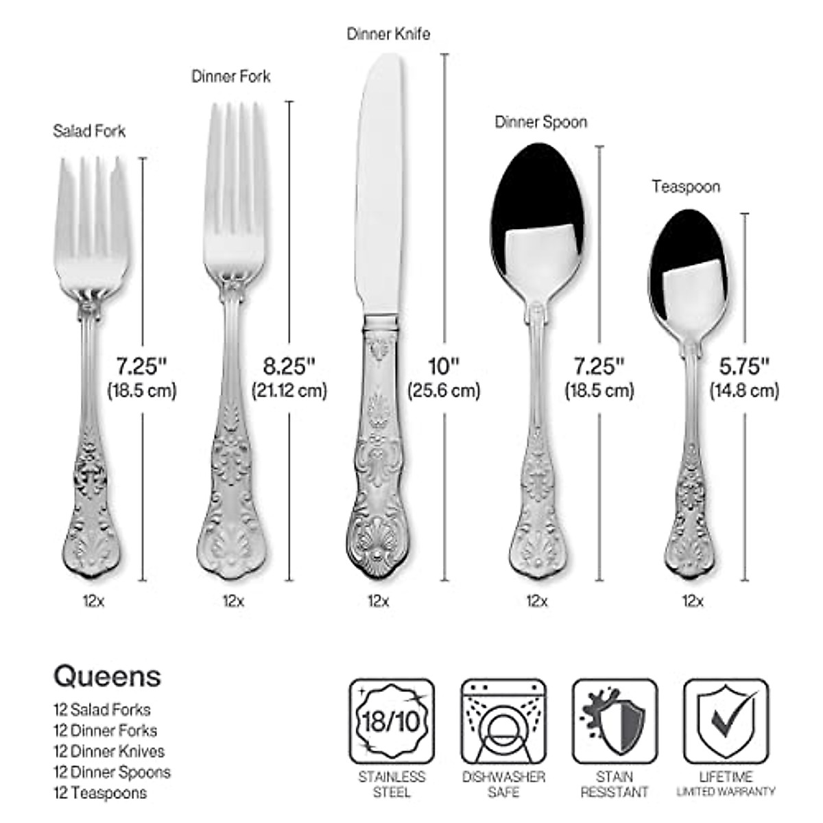 Wallace Queen 65-Piece 18/10 Stainless Steel Flatware Set, Silver, Service for 12 -