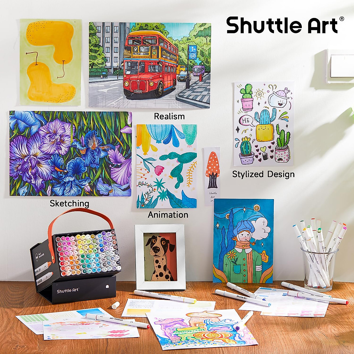 Shuttle Art 101 Colors Dual Tip Alcohol Based Art Markers,100 Colors plus 1 Blender Permanent Marker Pens Highlighters with Case Perfect for Illustration Adult Coloring Sketching and Card Making