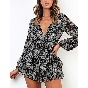 Relipop Women's Romper Floral Print V Neck Baggy Sleeve Waist Tie Layered Ruffle Hem Short Casual Summer Rompers Jumpsuits