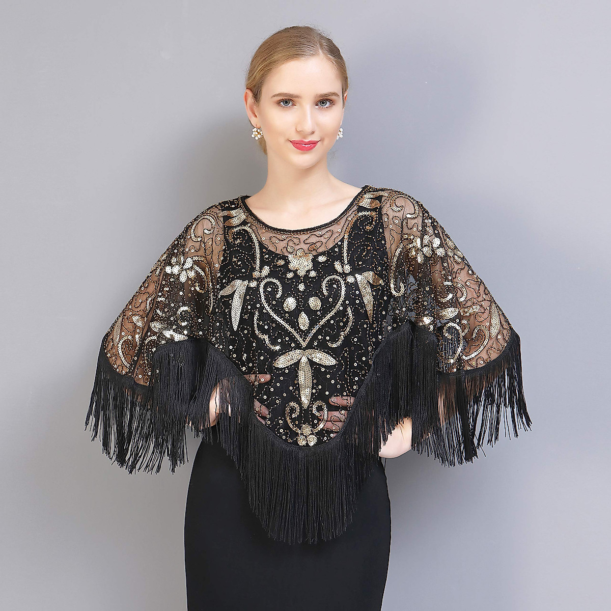 EORUBE 1920s Shawl Wraps Sequin Beaded Evening Cape for Gatsby Party Bridal Shawl Women Evening Cape Flapper Cover Up (Black Gold)