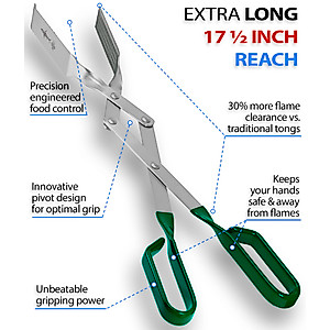 Long Tongs for Grilling: 17.5" Heavy Duty Extra Long BBQ Tongs. Scissor Grip Grilling Tongs, Stainless Steel Metal Tongs for Cooking, Kitchen & Outdoor Barbecue - Grilling Tools & Dad Gift, Green