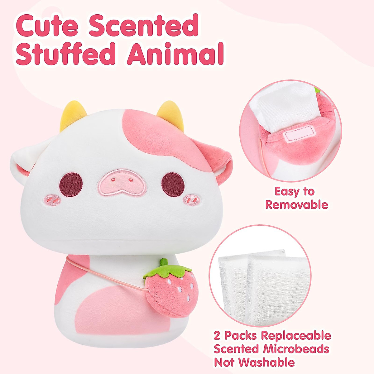 Mewaii Scented Stuffed Animal, Cute Strawberry Cow Plush with Sweet Strawberry Scented Microbeads, Pink Strawberry Plush Toy for Hugging Plush & Decor Pillow