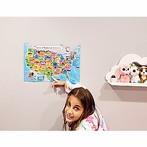 Kids United States Map | Wall Poster 13" x 19" US Map Premium Paper | 50 USA States w/Slogans & Images - Laminated