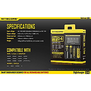 EdisonBright Nitecore D4 Digital Smart Battery Charger for Li-ion Ni-MH Ni-CD with 12V DC Car Adapter, NBM40 18650 Battery Magazine Battery Carry Case
