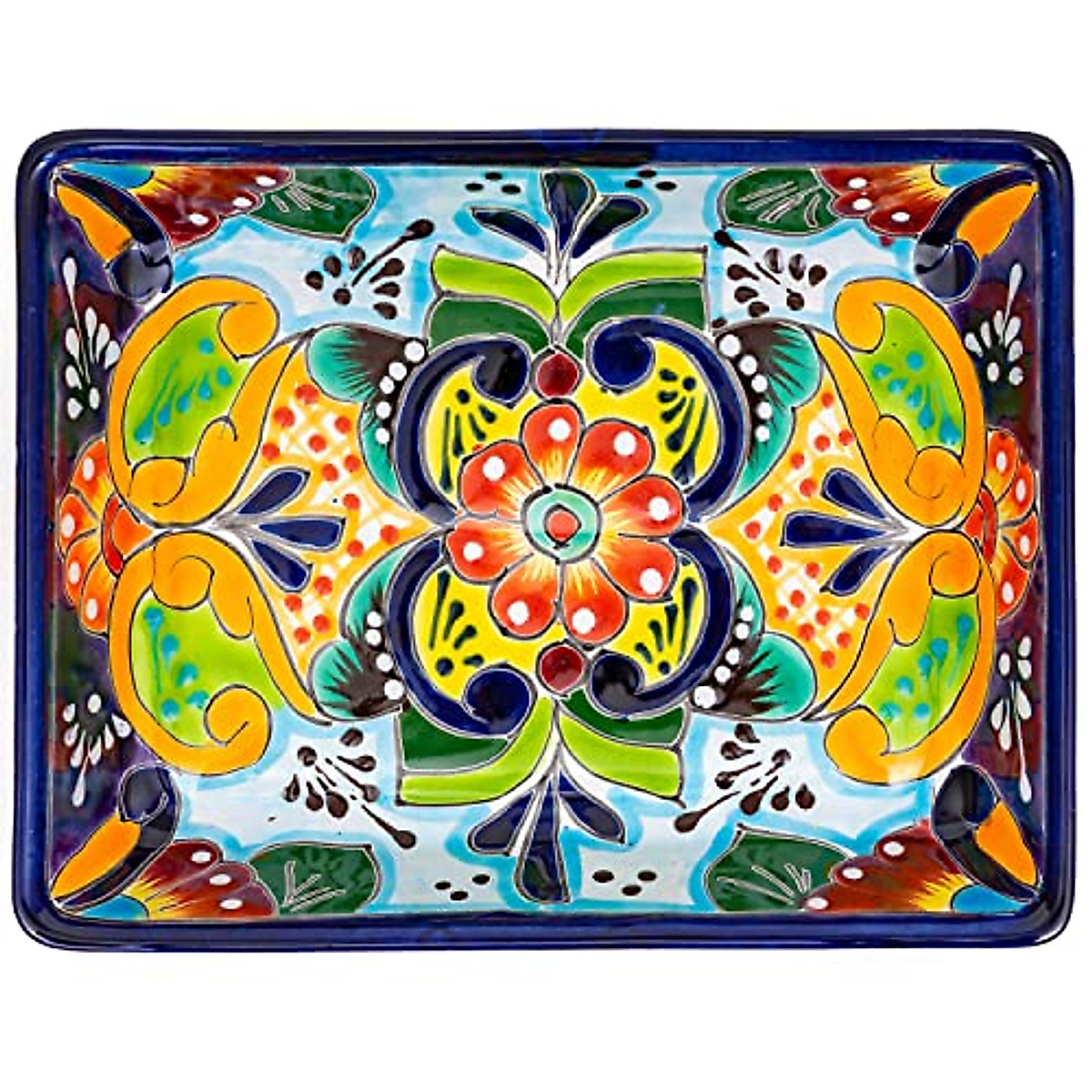Enchanted Talavera Pottery Hand Painted Ceramic Rectangle Serving Platter Dish Appetizer Plate Tray Food Mexican Floral Pattern Party Fiesta Thanksgiving Jewelry Holder (Medium 9.5 x 7.5 x 1.75)