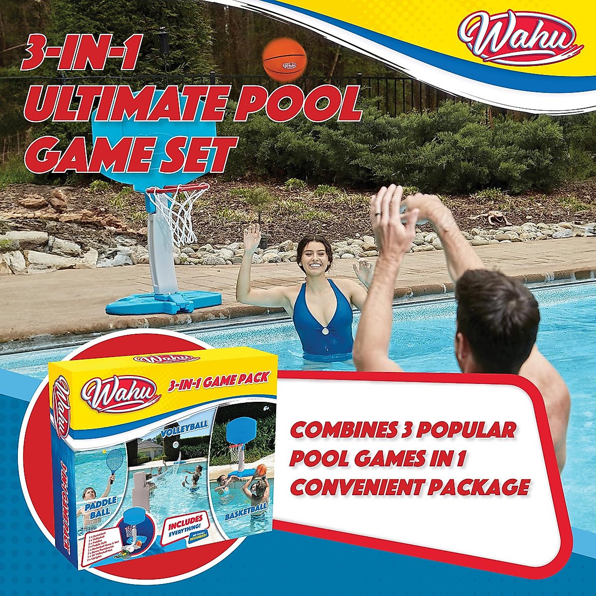 Wahu 3-in-1 Pool Sports Game Pack with Basketball and Hoop, Volleyball and Net, and Paddles and Paddle Balls, Pool Volleyball, Basketball, and Paddle Ball Set