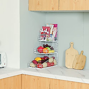 3 Tier Stackable Narrow Wire Basket for Pantry Organization and Storage, Metal Snack Organizer, Multifunctional Storage Basket for Snacks Fruits Vegetables Canned Food Soda Drinks, White