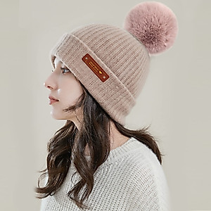 Faux Fur Pom Poms for Hats, 6Pcs Pom Pom Balls with Handmade Love PU Leather Tags DIY Fluffy Pompoms for Crafts Elastic Loop Sewing Thread 3 Colors for Keychains Scarves Gloves Knitting Supplies