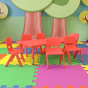 BizChair 24" W x 48" L Red Plastic Adjustable Activity Table Set-6 Chairs