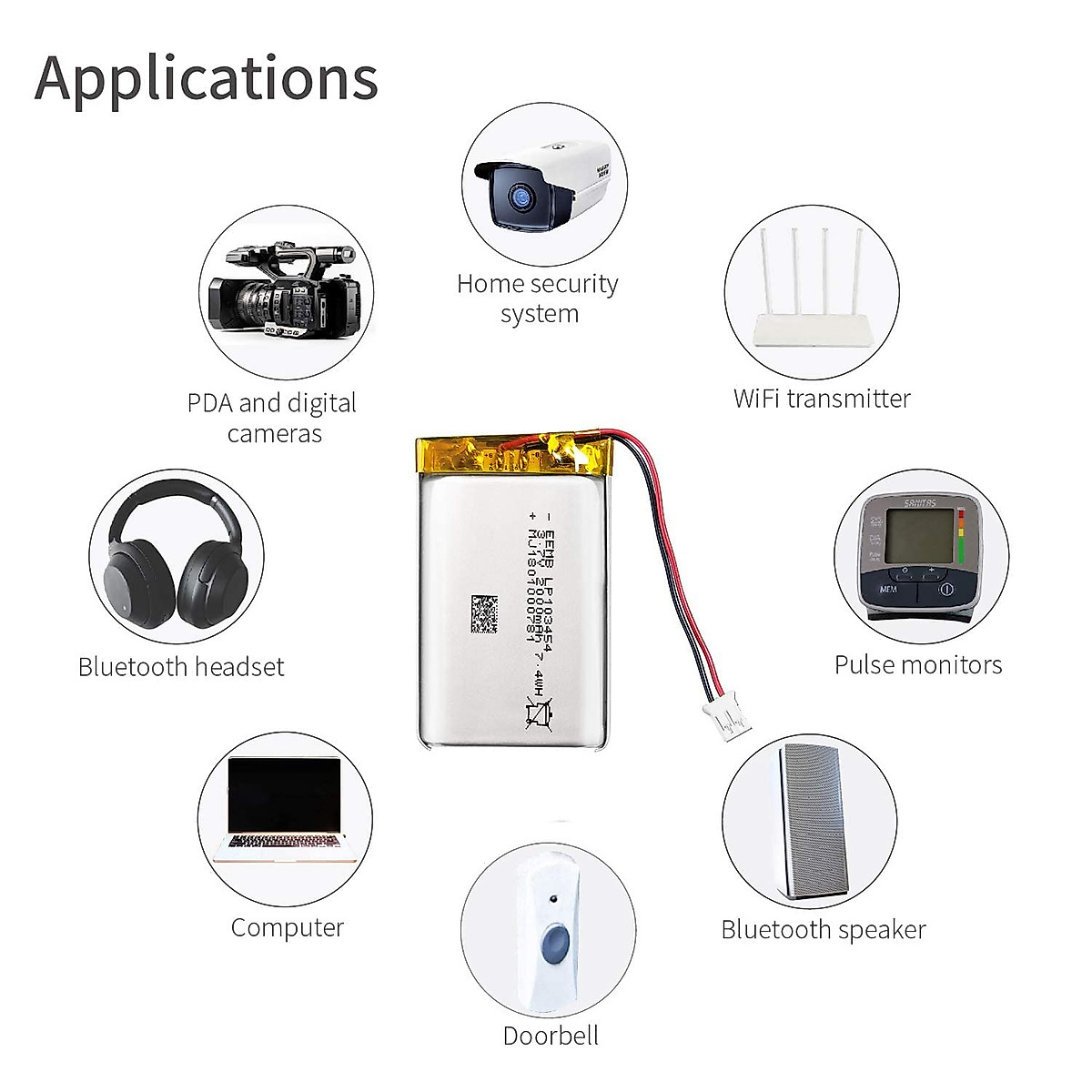 EEMB Lithium Polymer Battery 3.7V 2000mAh 103454 Lipo Rechargeable Battery Pack with Wire JST Connector for Speaker and Wireless Device- Confirm Device & Connector Polarity Before Purchase