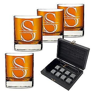 Froolu Personalized Whiskey Glasses Set in Wooden Gift Box - Includes 4 Scotch Glasses, 4 Natural Slate Coasters, 8 Chilling Stones & Tongs - Great Mens Home Bar Gift for Him, Husband, Dad