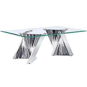 Anewsun Modern Coffee Table, Clear Glass Living Room Coffee Table with Silver Geometric Base