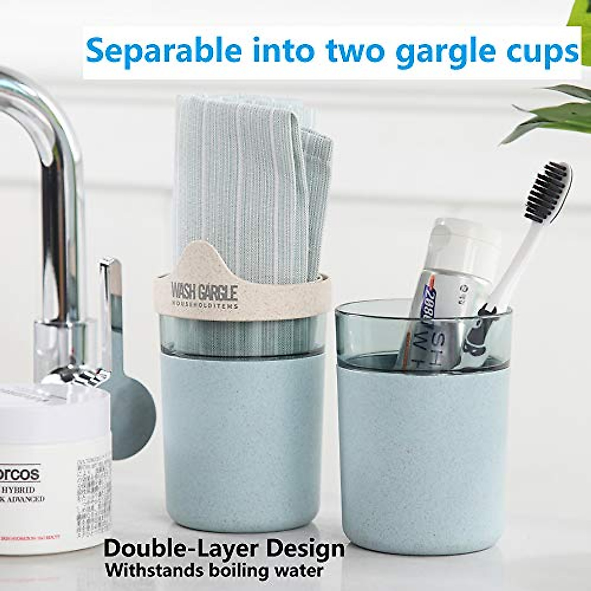 Travel Toothbrush Case & 2 Pack Gargle Cup, YEEHO Portable Electric Toothbrush Container Natural Wheat Straw Dual Holder Towel Toothpaste Organizer Storage for Outdoor Business Trip Wash,Blue