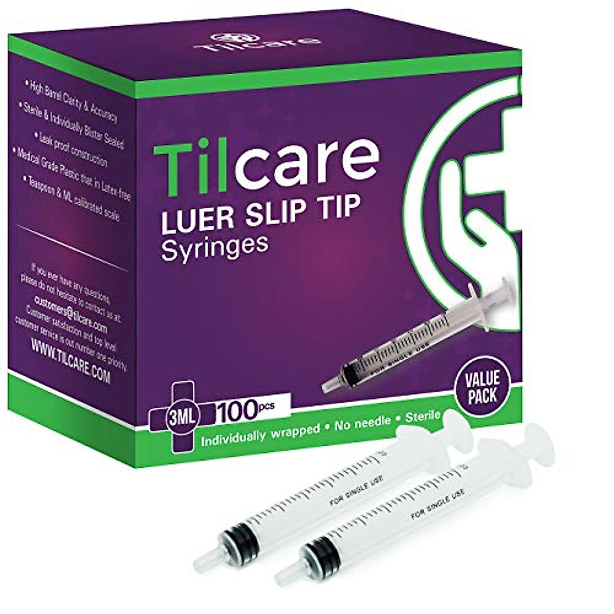 3ml Syringe Without Needle Luer Slip 100 Pack by Tilcare - Sterile Plastic Medicine Droppers for Children, Pets or Adults – Latex-Free Oral Medication Dispenser - Syringes for Glue and Epoxy