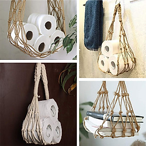 Toilet Paper Storage Holder Wall Hanging Storage Mesh Bag Boho Handmade Cotton Net Bag Paper Roll Holder for Home Bedroom Bathroom Living Room