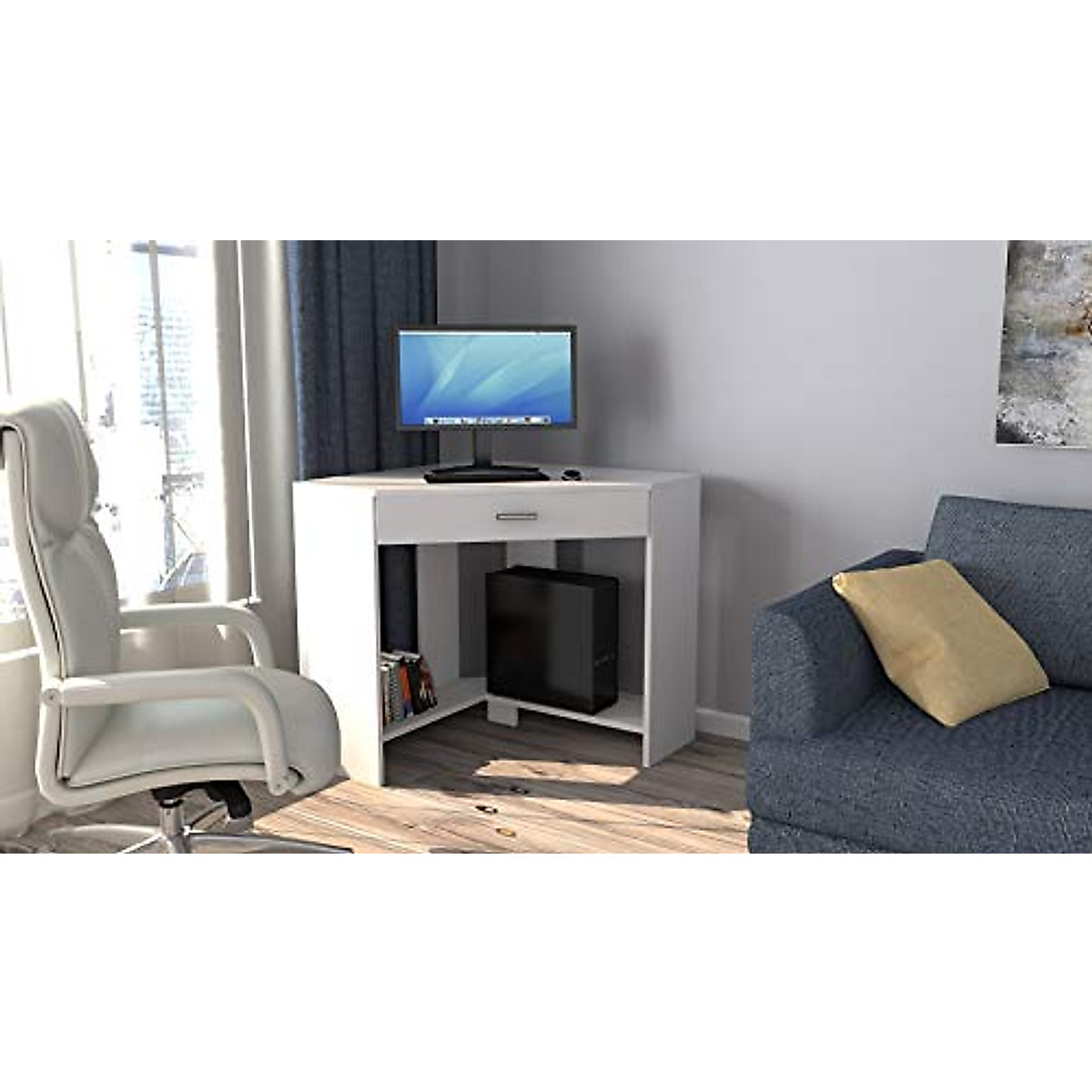 Roomsmart Ideal Gloss White Compact Modern Corner Computer Writing Desk for Home Office