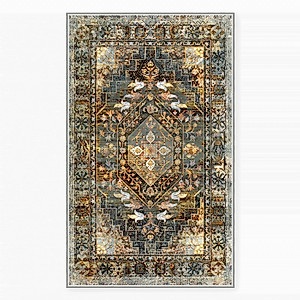 NICETOWN 5x8 Vintage Area Rug - Thin Washable Boho Non-Slip Entryway Rug Oriental Medallion Living Room Rug Entrance Mat Carpet for Kitchen Laundry Bathroom Bedroom, Green