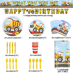 DECORLIFE Construction Birthday Party Supplies Serves 24, Construction Party Plates, 54" x108" Tablecloth, Pre-strung Banner Included, Total 170PCS