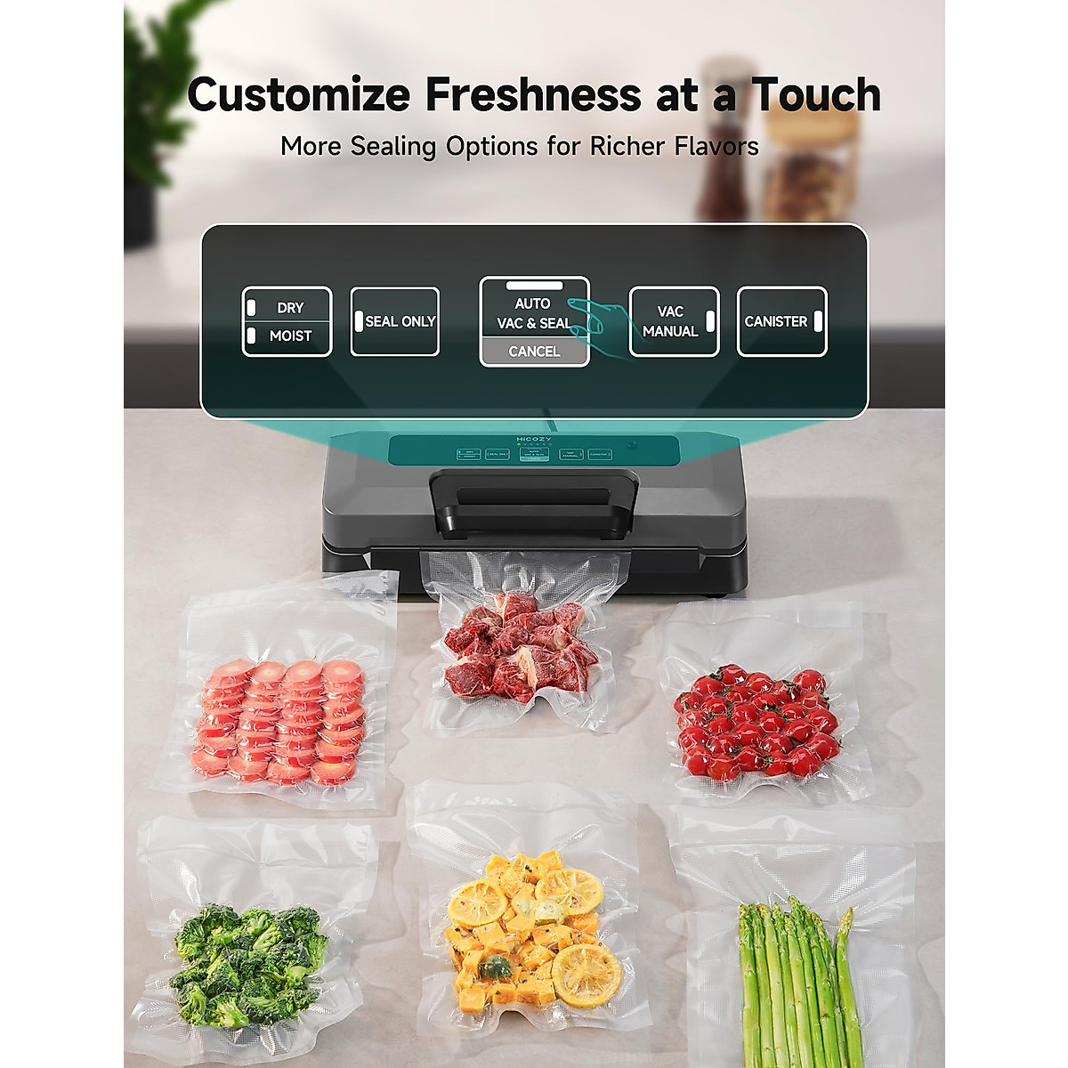 HiCOZY Vacuum Sealer, Full Automatic Vacuum Sealer Machine for Food, Handle Locked Design, Build-in Cutter, Compact Design Food Sealer With All Starter Kits, 5 Modes and 5-Year Quality Commitment