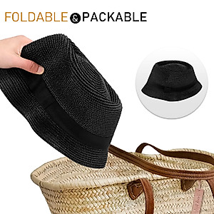 Womens Short Brim Straw Sun Hat Fedora Trilby Hat Panama Men Roll Up Packable Beach Hats… Black