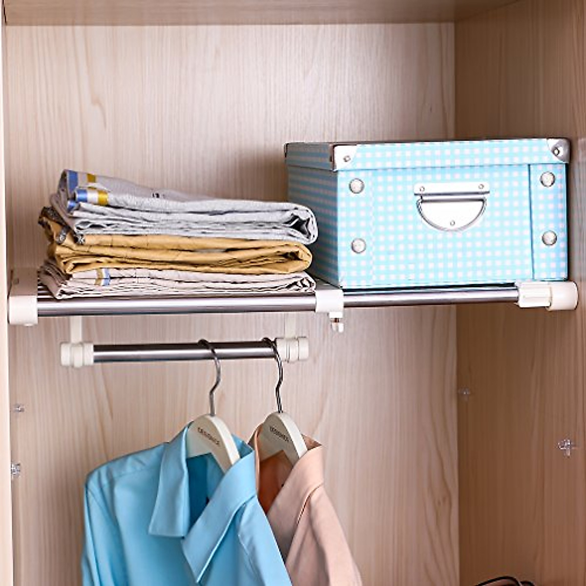 Hershii Closet Tension Shelf Expandable Telescopic Rod Heavy Duty Clothes Hanging Rail Adjustable DIY Storage Organizer Shoe Rack 7-Bar Extention for Garage Bathroom Kitchen Bedroom