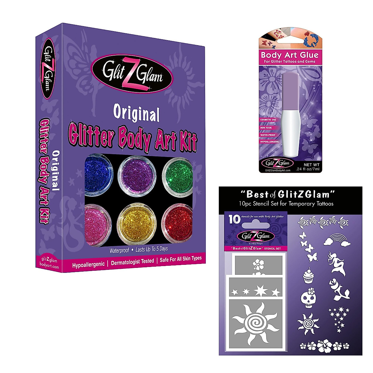 Best of GlitZGlam Stencit Set, Body Adhesive and Glitter Tattoo Kit Original - with 6 Large Glitters & 12 Stencils - HYPOALLERGENIC and DERMATOLOGIST TESTED! - for boys & Girls. Children Tattoos by Gl