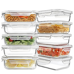 HOMBERKING 10 Pack Glass Meal Prep Containers, Glass Food Storage Containers with Lids, Airtight Glass Lunch Bento Boxes, BPA-Free & Leak Proof (10 lids & 10 Containers) - White