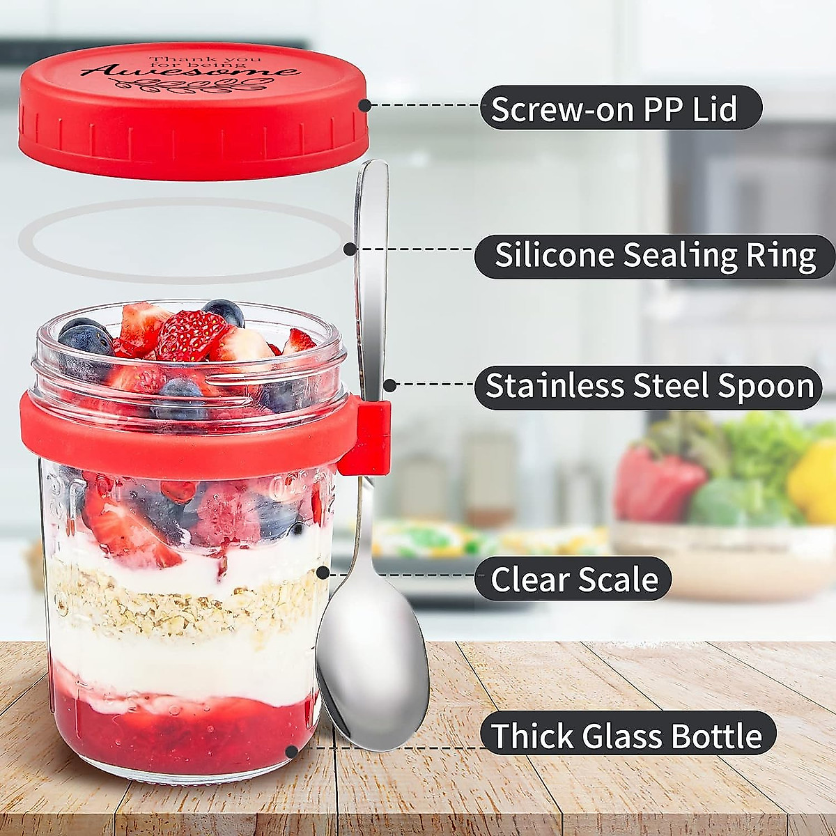 TOFLEN 2 Pack Overnight Oats Containers with Lids and Spoons, 12 oz Glass Mason Overnight Oats Jars Wide Mouth Airtight Oatmeal Container for Yogurt, Cereal and Fruits (Red+Blue)