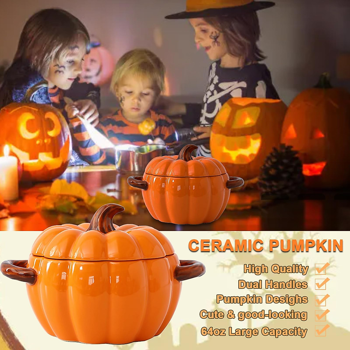 FTNESGYM Pumpkin Soup Bowl, 64oz Ceramic Pumpkin Pot Microwave & Dishwasher Safe Pumpkin Casserole Dish with Lid, Dutch Oven Pot Stockpot Cookware for Home Thanksgiving Halloween Party (Orange)