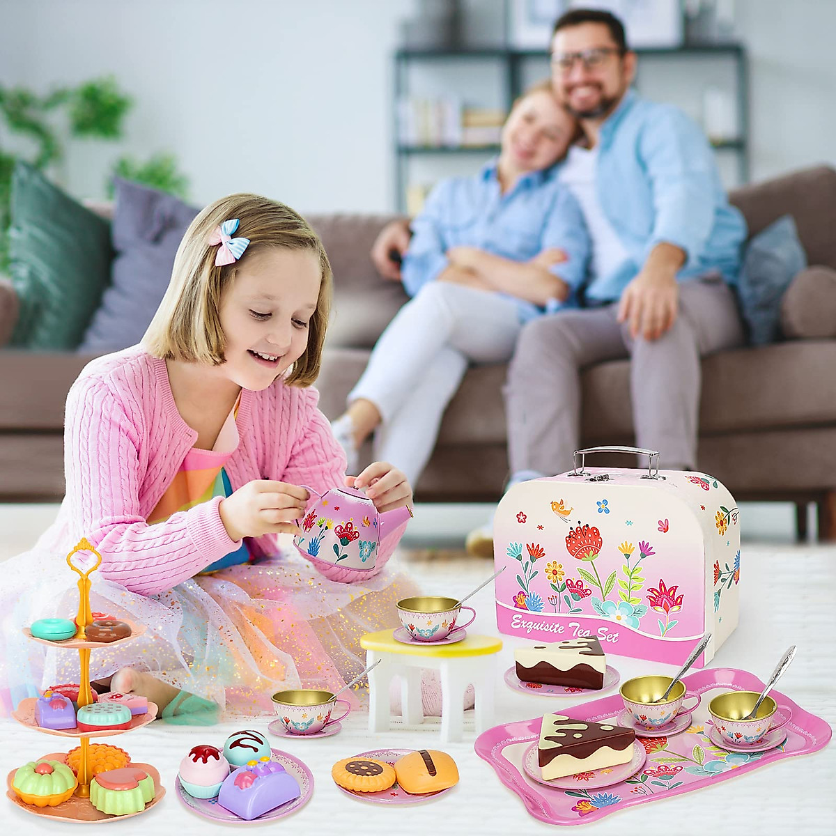 KMUYSL Tea Party Set for Little Girls, Kitchen Pretend Toy for Kids 3 4 5 6 Year Old, Girls Toys with Tin Tea Set, Desserts & Carrying Case, Christmas Easter Gift for Girls