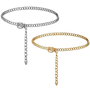 Pistha 2 Pieces Waist Chain Belts for Women Girls Fashion Adjustable Gold and Silver Metal Waist Belt for Dress Jeans Outfits (40inch Long, Fit Waists up to 33inch)