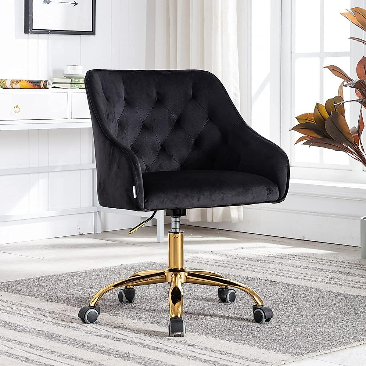 Kootlena Modern Black Velvet Desk Chair, Home Office Desk Chair Computer Chair on Wheels, Cute Vanity Chair for Womens Girls, Upholstered Swivel Task Chair w/Gold Base for Living Room Bedroom
