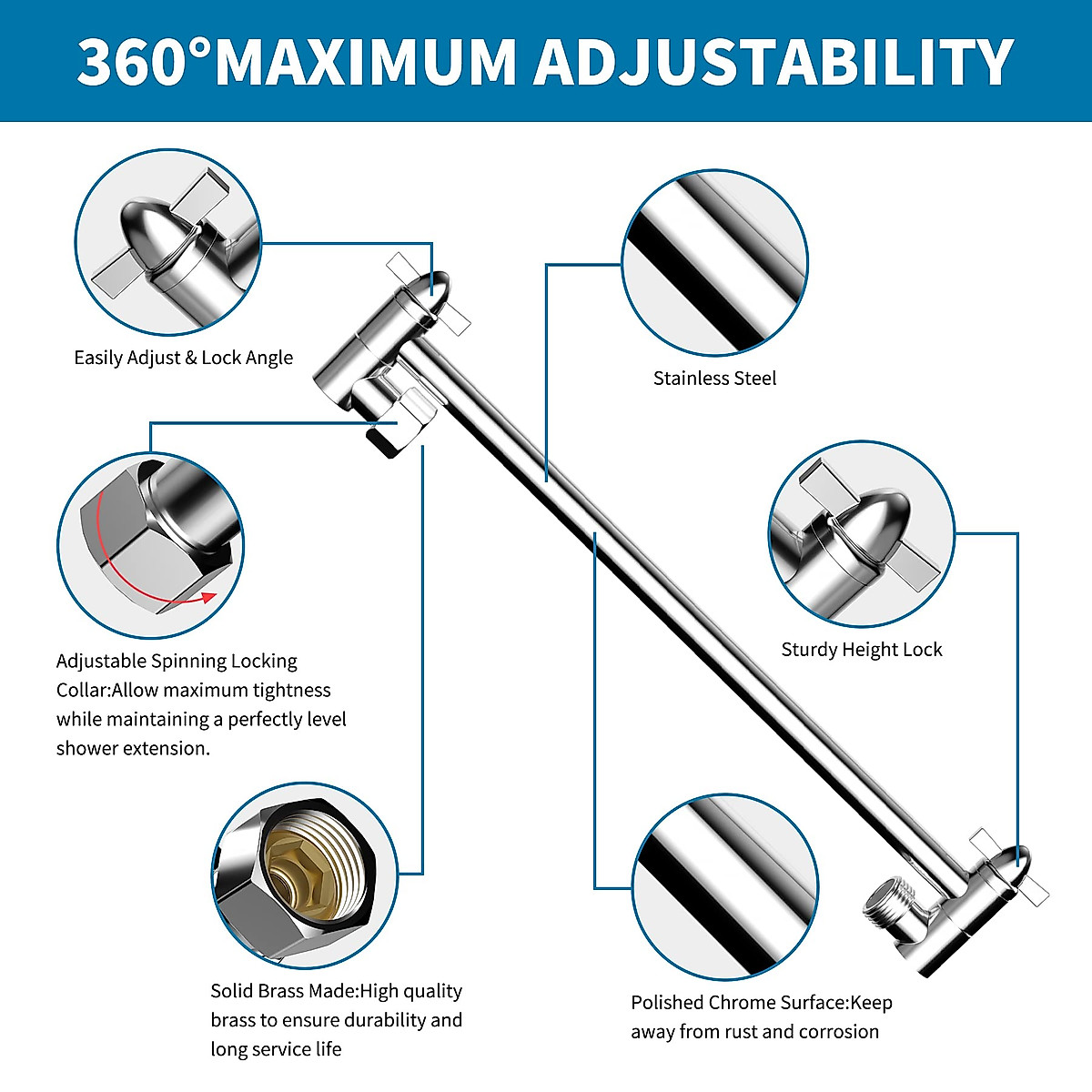 12 Inch Solid Brass Adjustable Shower Head Extension Arm Flexible Height & Angle Shower Arm Extender with Lock Joints, Universal Connection Solid Stainless Steel Shower Extension Arm, Chrome Finish