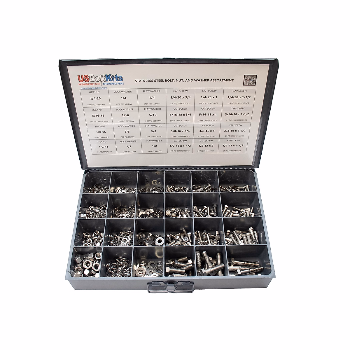 1250 Piece Stainless Steel Hex Head Cap Screw (Bolt), Nut, and Washer Assortment 18-8 Coarse Thread Set