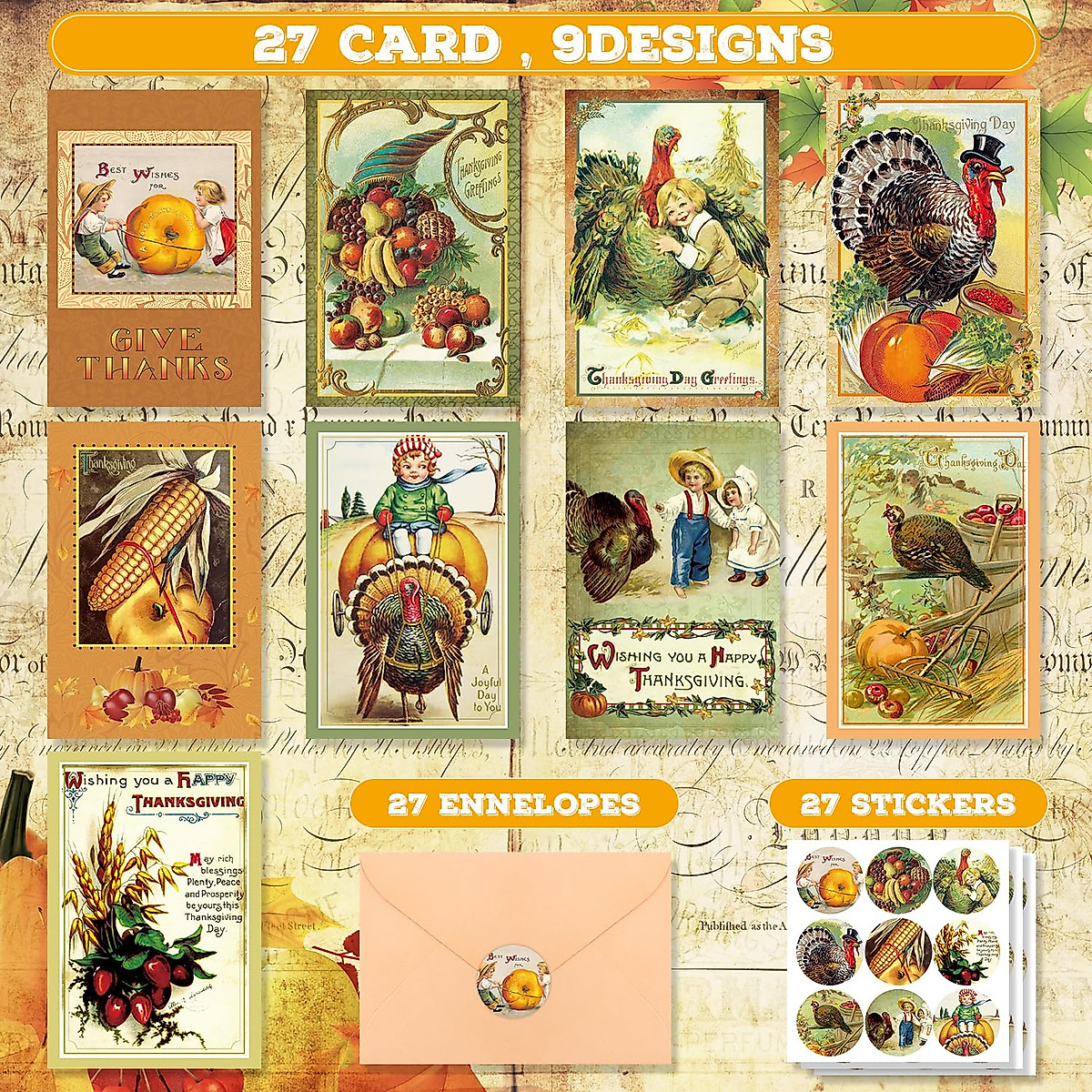 GreenPine 27PCS Thanksgiving Vintage Greeting Cards Bulk Thanksgiving Cards for Family Thankful Cards with Envelopes for Fall Autumn Holiday Parties Celebrations Harvest Happy 4 x 6 inches