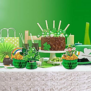 Blulu St Patrick Honeycomb Decoration, Cute Pot-O-Gold Centerpiece Shamrock Leprechaun Tissue Irish Clover Paper Table Topper for Saint Patrick Party Accessory 7.87-8.6 inch (3 Pieces)
