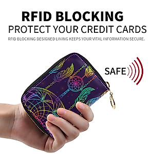 susiyo Colorful Dream Catcher Feathers Credit Card Wallet, RFID Blocking Compact Women Leather Card Holder Zipper Purse