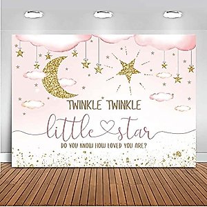 Mocsicka Pink Twinkle Twinkle Little Star Baby Shower Backdrop Gold Glitter Stars and Moon Pink Baby Shower Party Decorations for Girls Sparkle Stars Gender Reveal Photography Background (7x5ft)