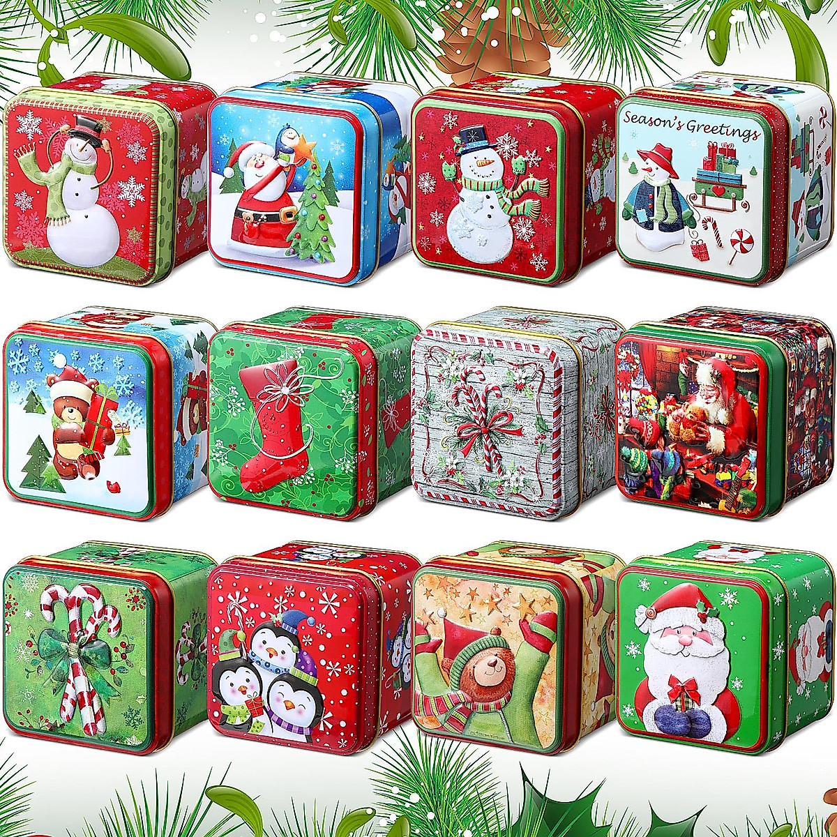 Lallisa 24 Pcs Christmas Cookie Tins with Lids 12 Styles Square Xmas Candy Tin Set Small Metal Candy Box Mini Tinplate Cookie Candy Boxes for Gift Giving Holiday Party Favors, 2.95 x 2.95 x 2.56 Inch