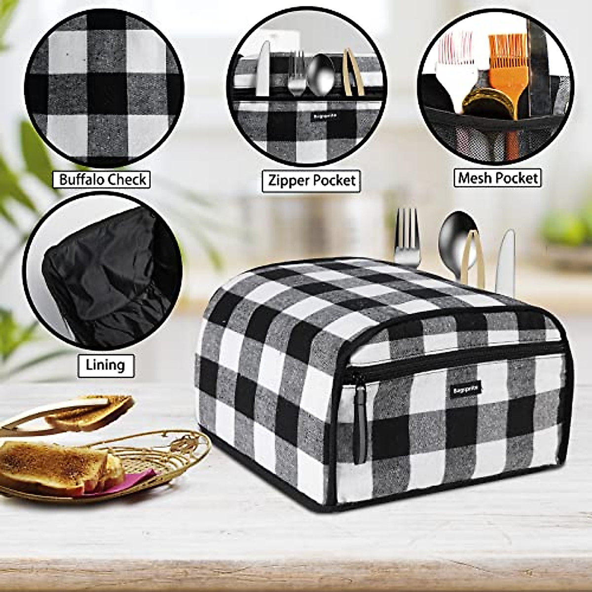 Toaster Cover 4 Slice Wide Slot, Toaster Oven Cover Compatible with Cuisinart, 4 Slice Bread Cover, Toaster Dust Covers with Zipper Pockets, Buffalo Check (Cover Only)